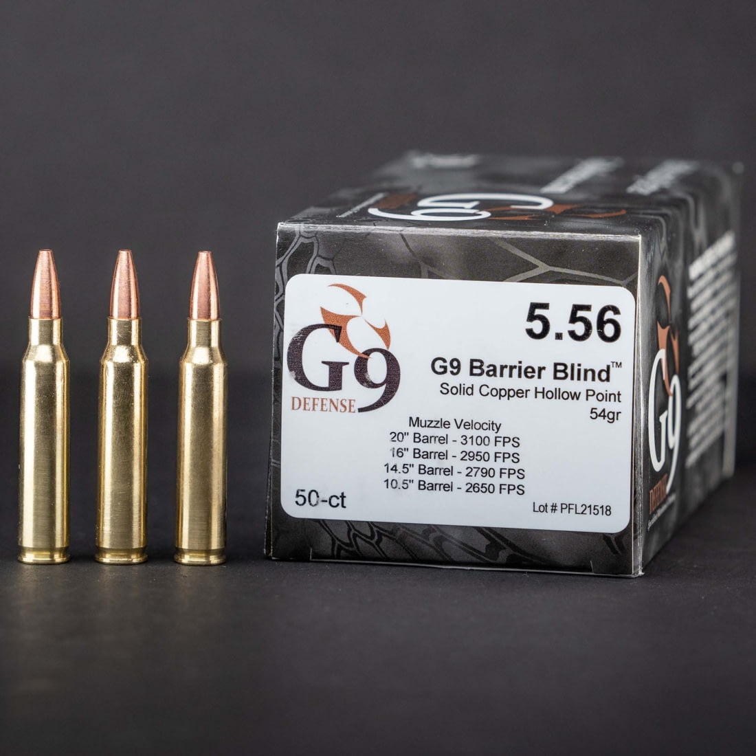 G9 Defense 5.56mm 54 Grain Hollow Point Brass Cased Pistol Ammunition ...
